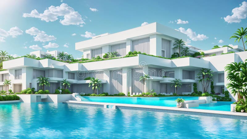 Large White House with Luxury Swimming Pool in Front of it. Modernism ...