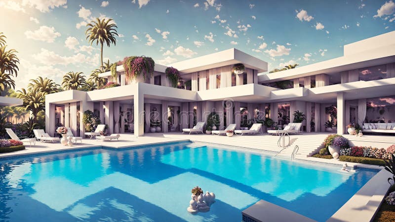 Large White House with Luxury Swimming Pool in Front of it. Modernism ...