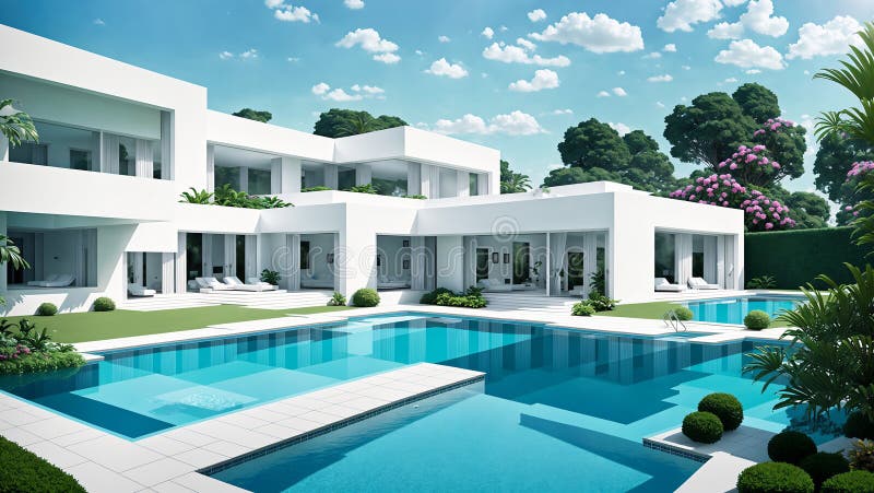 Large White House with Luxury Swimming Pool in Front of it. Modernism ...