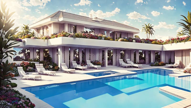 Large White House with Luxury Swimming Pool in Front of it. Modernism ...