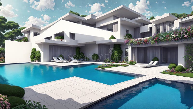 Large White House with Luxury Swimming Pool in Front of it. Modernism ...
