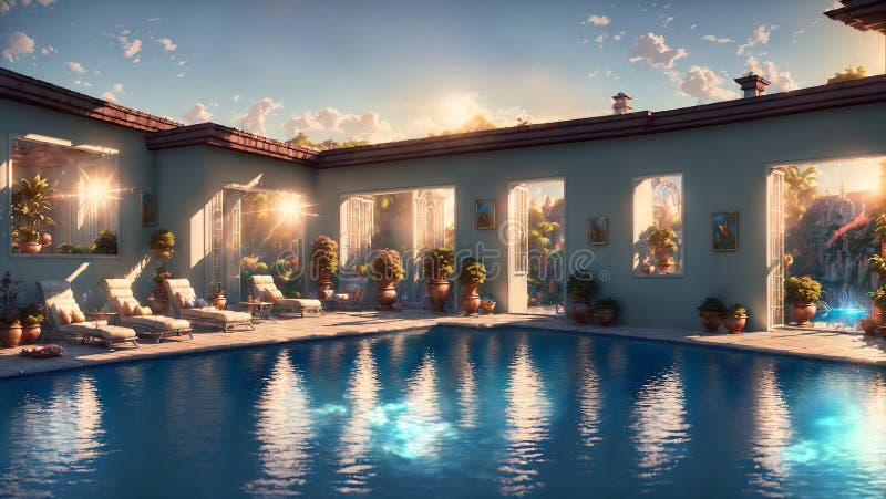 Large White House with Luxury Swimming Pool in Front of it. Modernism ...