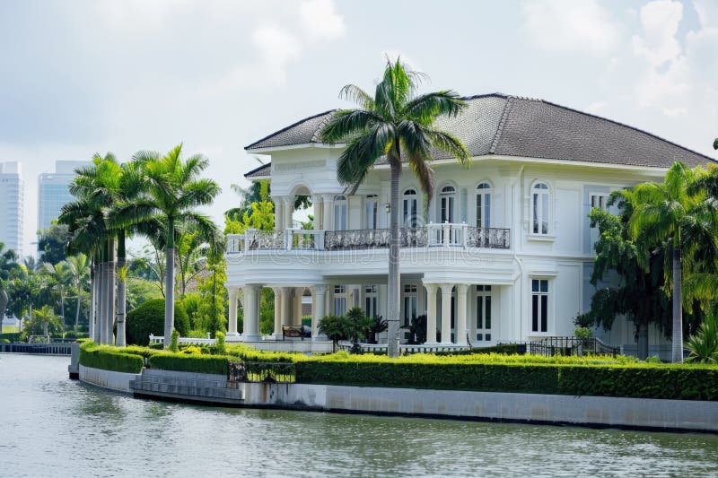 Large White House Overlooking a Serene River Scene Stock Photo - Image ...