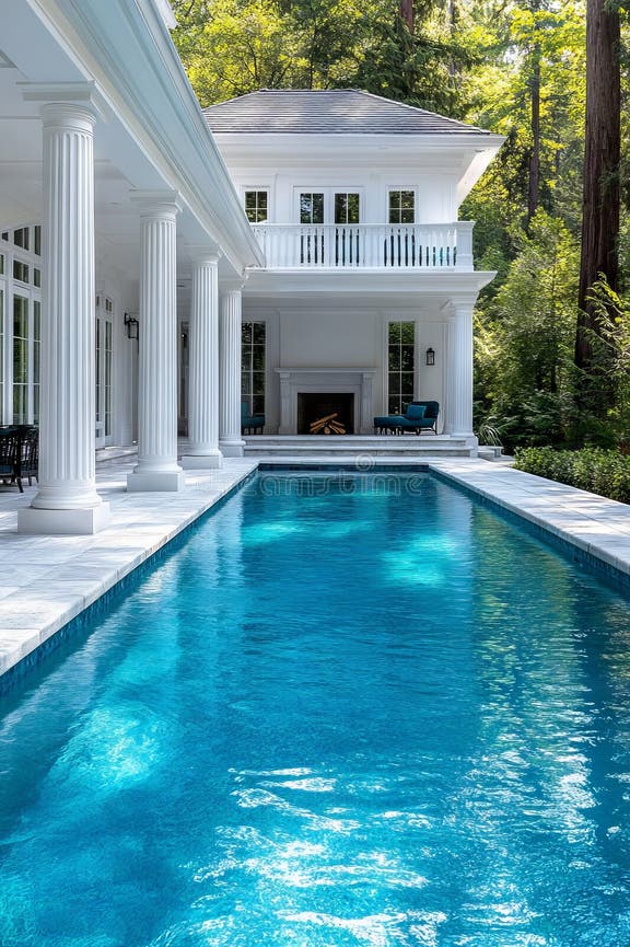 A Large White House with a Pool in the Middle of it Stock Photo - Image ...
