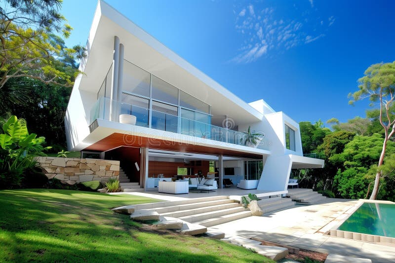 Large White House with Pool Stock Photo - Image of large, property ...