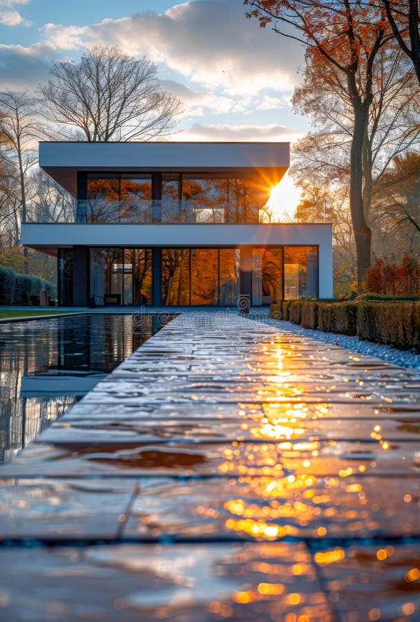 A Large White House with a Pool and a Walkway in Front of it Stock ...