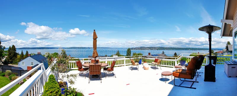 Large White House Terrace with Water. Stock Photo - Image of facade ...