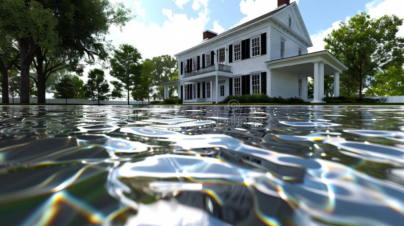 A Large White House with Water Reflections Stock Image - Image of ...
