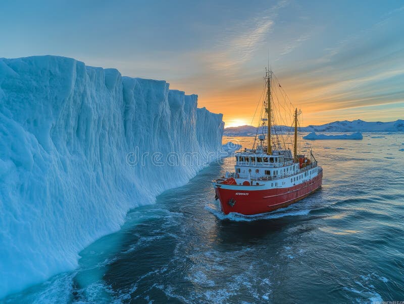 A Large White Iceberg Floats in the Sea. an Old Ship is Nearby ...