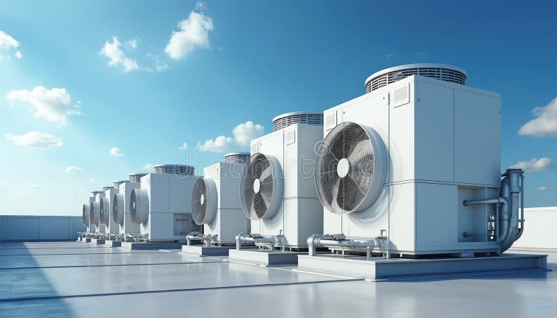 Large White Industrial Air Conditioning Systems on a Rooftop Against ...