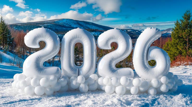 A Large, White, Inflatable Number 2026 with a Background of Snow ...