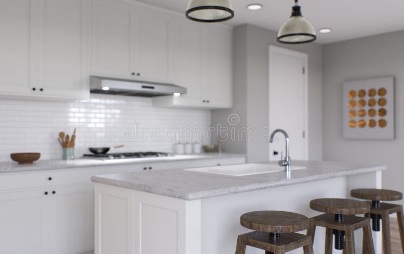 Large White Kitchen with Island and All Necessary Appliances. 3d ...