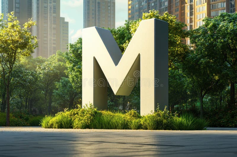 A Large White Letter M is Surrounded by Green Grass and Trees Stock ...