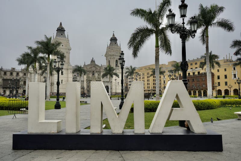 Large White Lima Sign in Lima Main Square with Lima Cathedral Behind ...