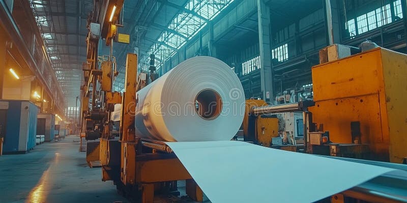 Large White Paper Roll Unspooling in an Industrial Printing Factory ...