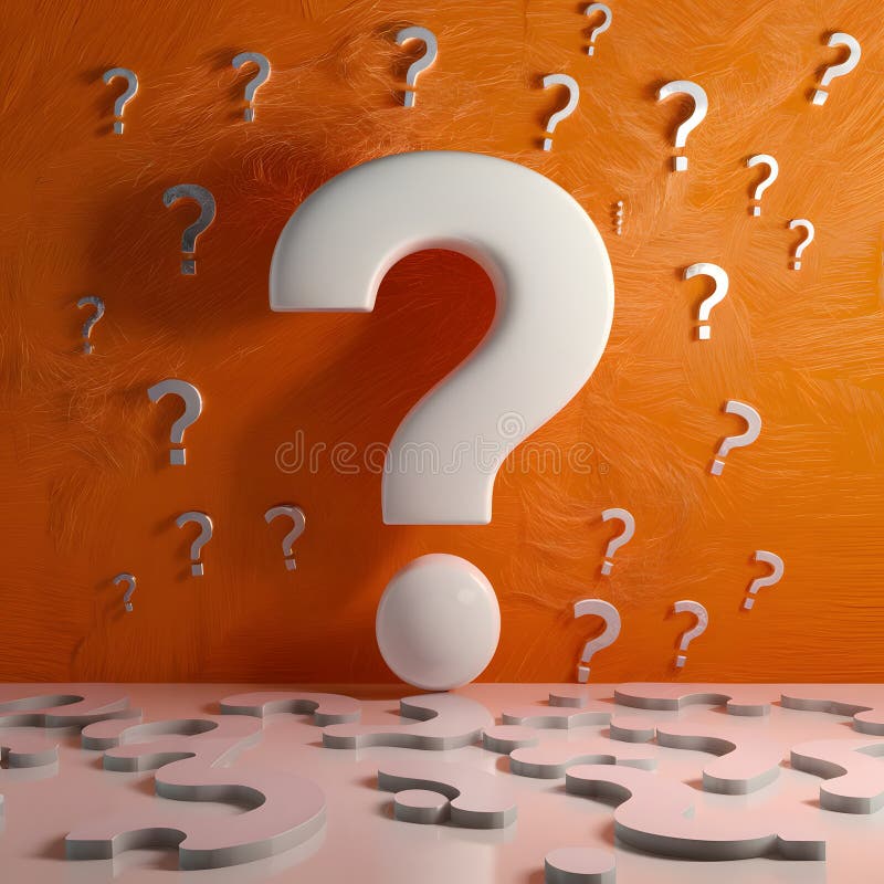 Large White Question Mark on Vibrant Orange Backdrop, Surrounded by Smaller Marks Stock ...