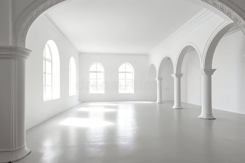 Large White Room with Arches, Sunlight, Windows, Columns and Shadows ...