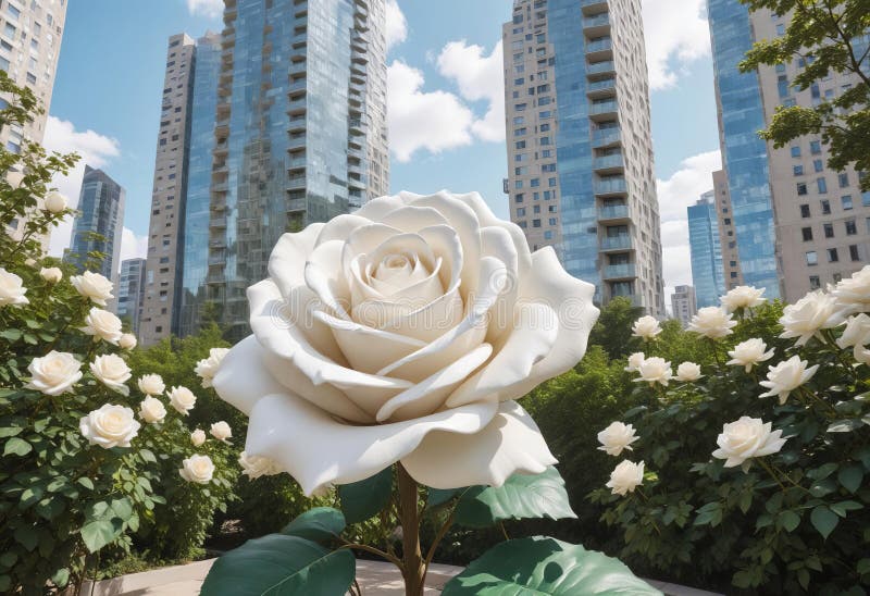 A Large White Rose Sculpture in an Outdoor Urban Setting Stock ...