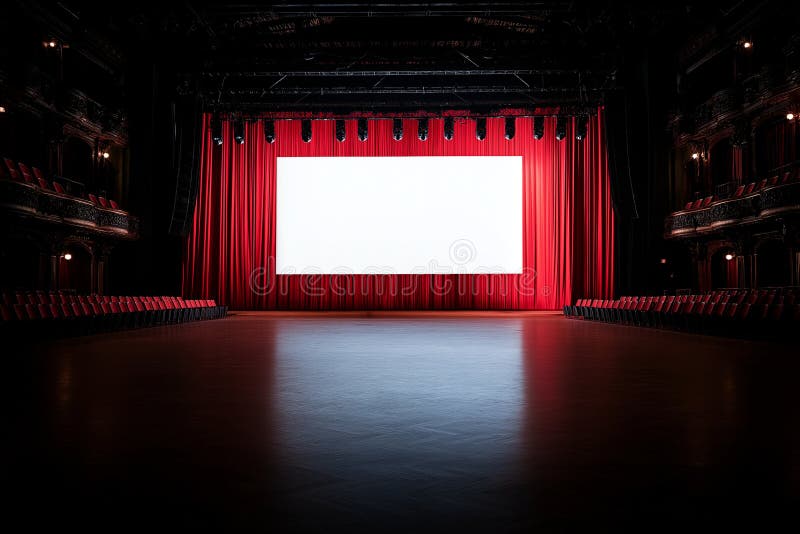Large White Screen in Center of Empty Theater Stage, Surrounded by Red ...