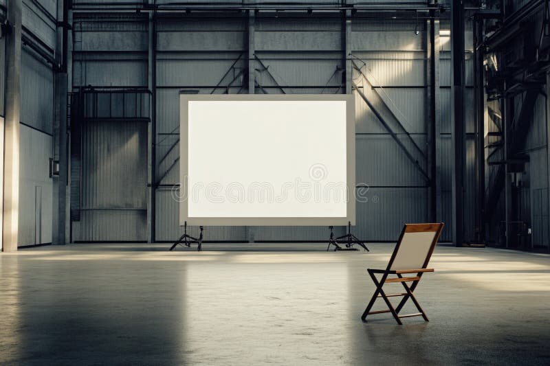 Large White Screen is in a Large Room with a Wooden Chair in Front of ...