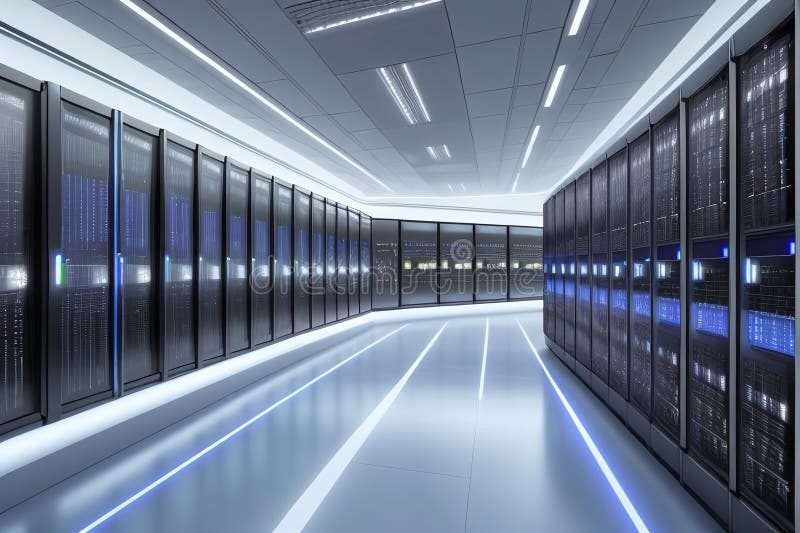 A Large Server Room with a White Wall and Lights Stock Illustration ...