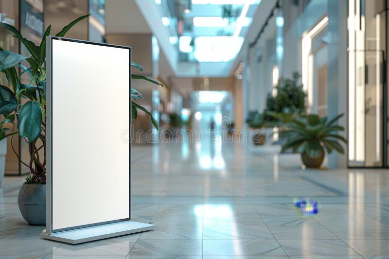 A Large White Sign is in a Mall. Copy Space for Advertising Stock Photo ...