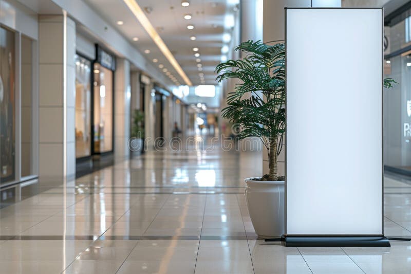 A Large White Sign is in a Mall. Copy Space for Advertising Stock Photo ...