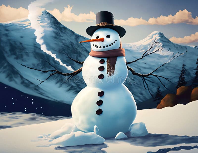 Large White Snowman Standing on a Mountain Side. Stock Illustration ...