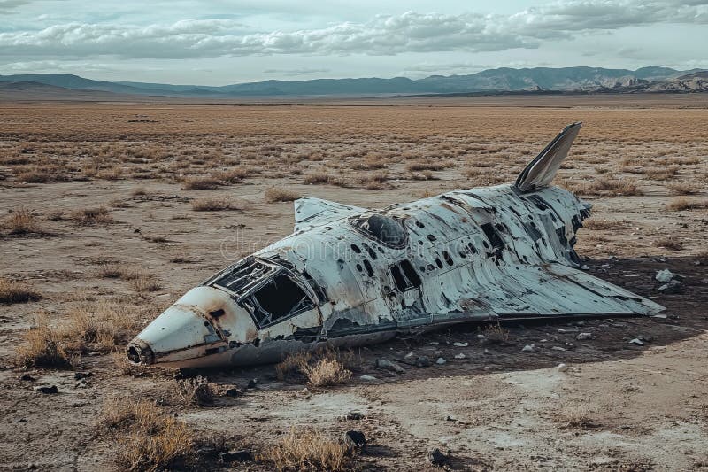 A Large White Space Shuttle is Laying on the Ground in a Desert Stock ...
