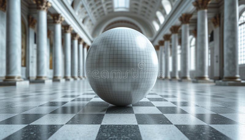 A Large White Spherical Object Stands Centered on a Checkered Floor ...