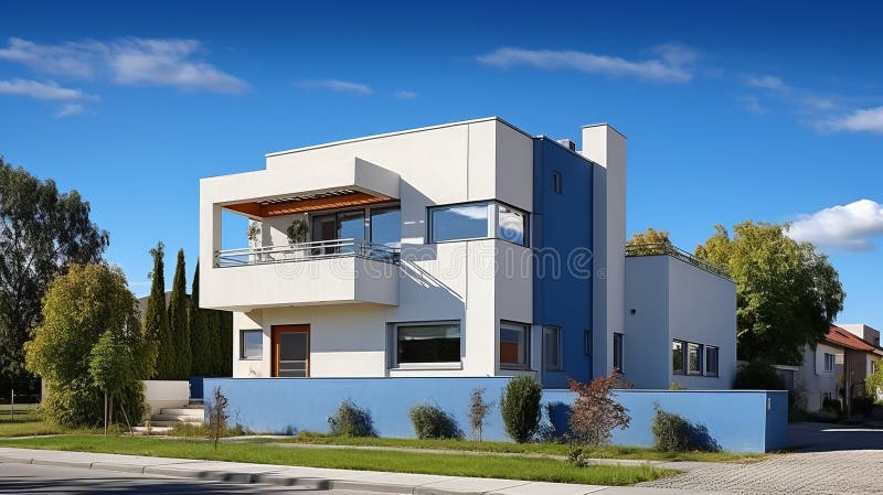 A Large White Square-shaped House with a Balcony. Generative AI. Stock ...