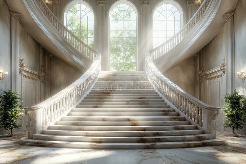 A Large, White Staircase with a Balcony on the Top Stock Image - Image ...