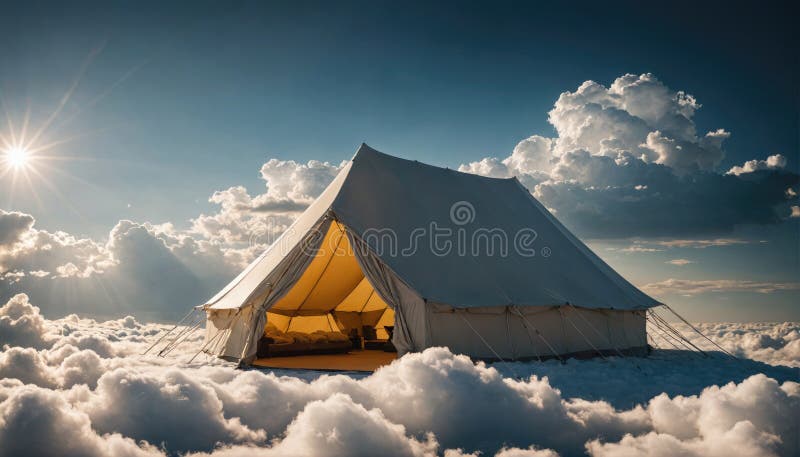 A Large, White Tent Sits on Top of a Mountain, Surrounded by Puffy ...