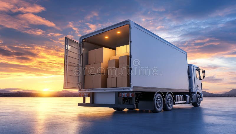 The Large White Truck is in the Process of Loading Boxes with Its Back ...