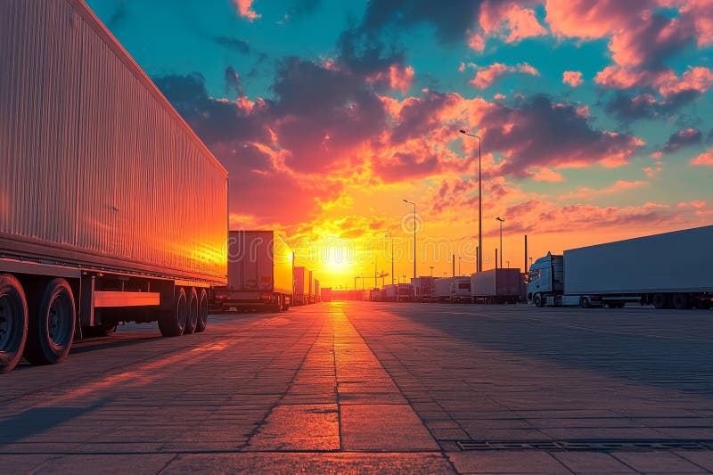 A Large White Warehouse with a Modern Design Has Several Trucks Located ...