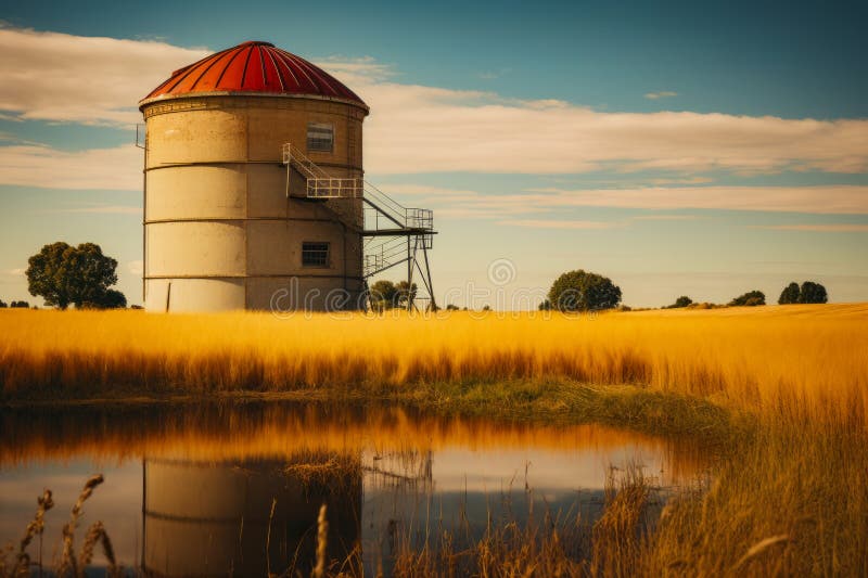 Large White Water Tower Sitting in Field of Tall Grass. Generative AI ...