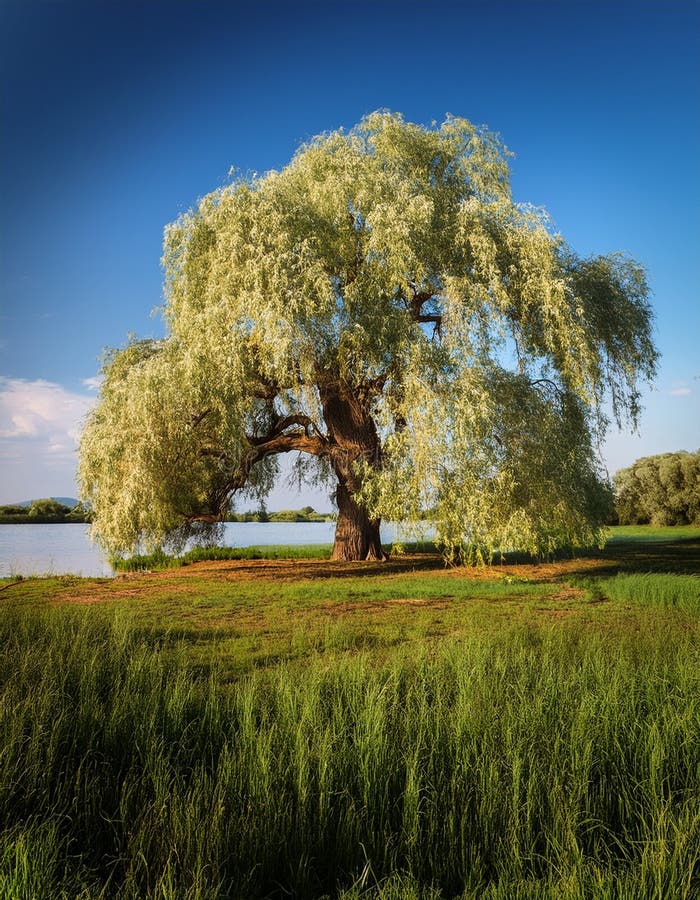 Large White Willow Tree Standing by the Waters Edge Under a Clear Blue ...