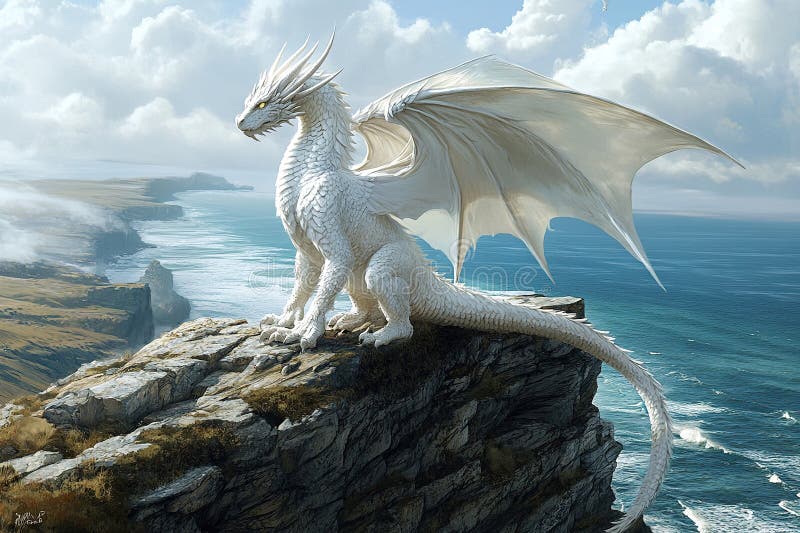 A Large White Winged Dragon Sits on a Cliff Above the Sea. Generated by ...