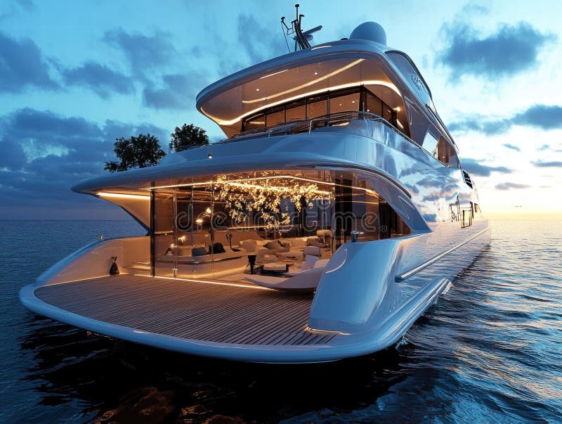 A Large White Yacht with a Long Deck and a Large Window Stock ...
