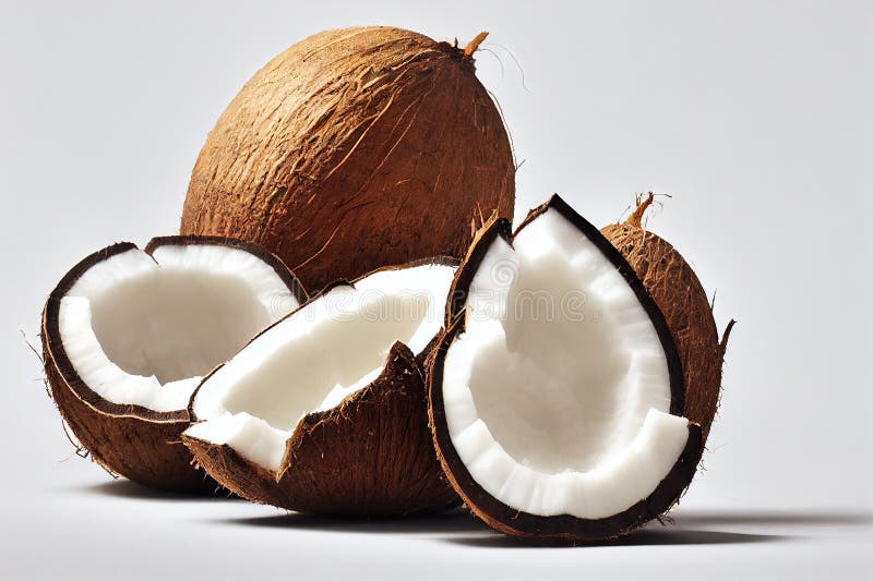 Large Whole Coconuts and Cracked Coconut Fruit Lie Side by Side Stock ...