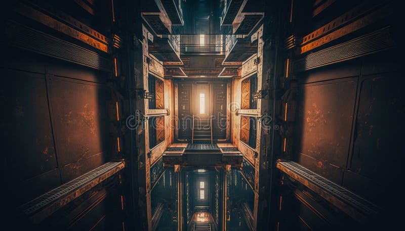 A Large and Wide Elevator Shaft with Rusting Metal, Generative AI Stock ...