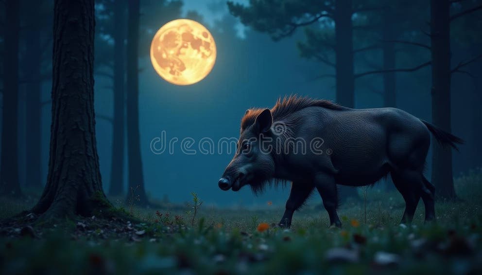 Large Wild Boar Foraging Under Full Moon, Dark Forest, Predator, Full ...