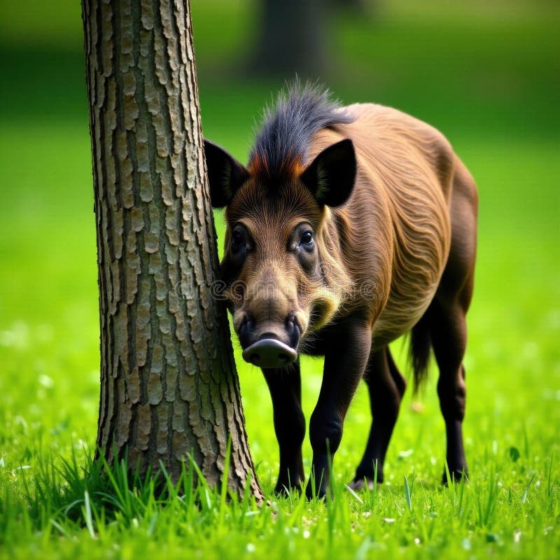 Large Wild Boar Partially Obscured by Tree, only Head Visible, Head ...