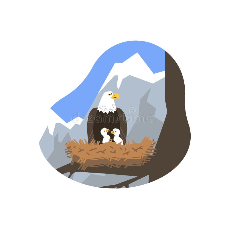 Large Wild Eagle Sitting in Nest with Chicks Flat Style, Vector ...