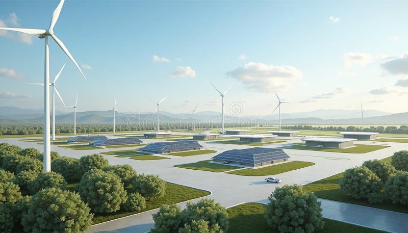 Renewable Energy Farm with Wind Turbines and Solar Panels Under Blue ...