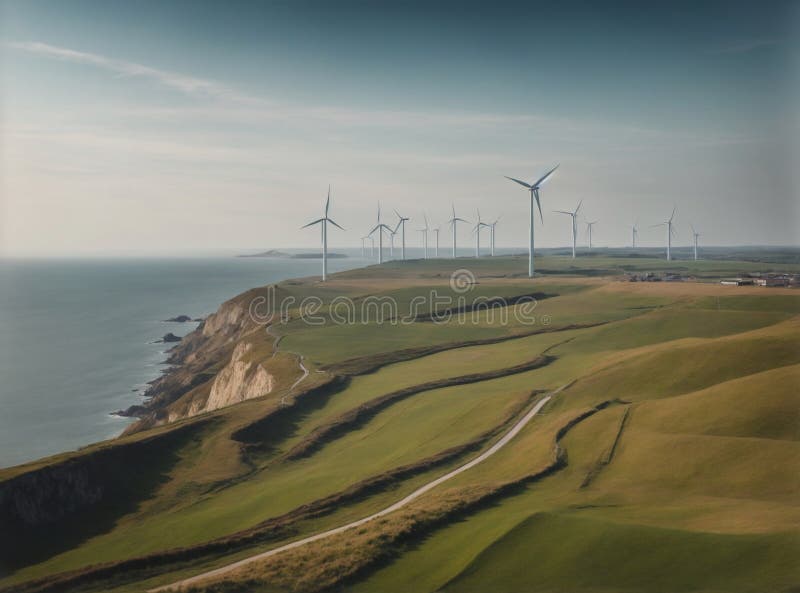 Large Wind Farms on the Seashore Generating Green Energy Stock ...