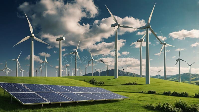 Solar Panels on Huge Green Lawns Stock Illustration - Illustration of ...