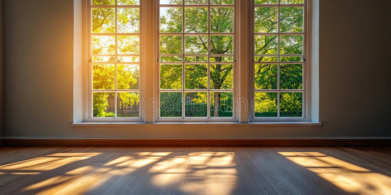 A Large Window in an Empty Room with a View of Trees Outside Stock ...