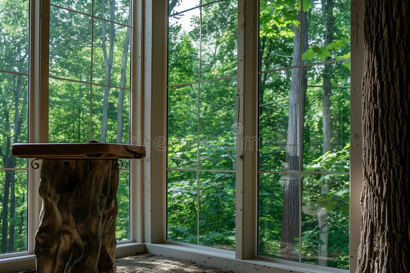 Large Window with Forest View, beside a Rustic Wooden Speakers Podium ...