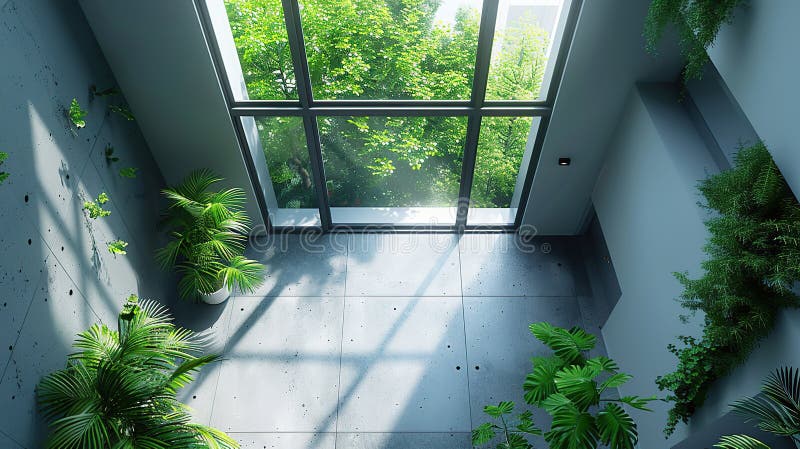 A Large Window in a Minimalist Interior with a View of Lush Green Trees ...
